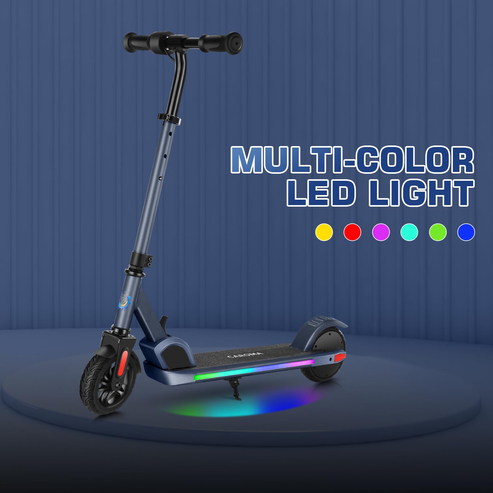 Caroma Electric Scooter for Kids Ages 8-12, Max 7 Miles Range and 10 Mph Max Speed, Colorful Rainbow Light, UL2272 Certification, Lightweight Electric Kick Scooter for Kids Boy Girl (Blue)