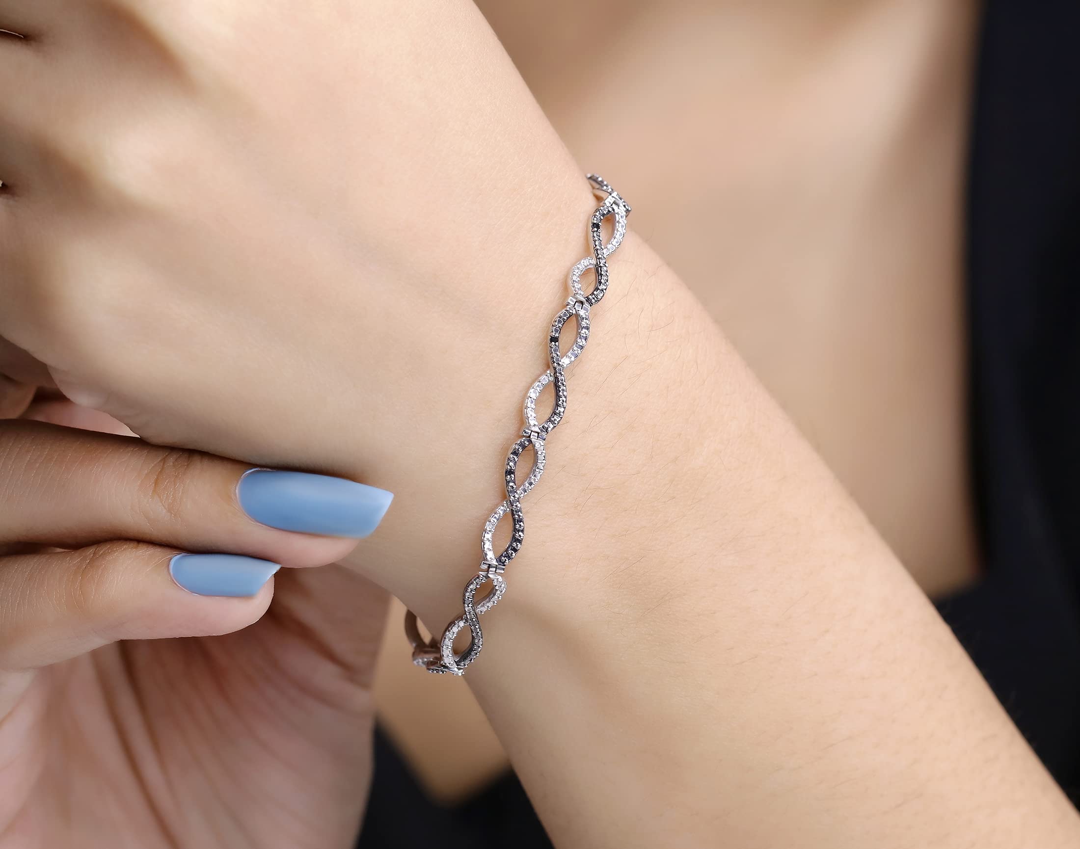 Dazzlingrock Collection 0.20 Carat (ctw) Round Black Diamond & White Diamond Swirl Infinity Tennis Link Bracelet for Women in 925 Sterling Silver