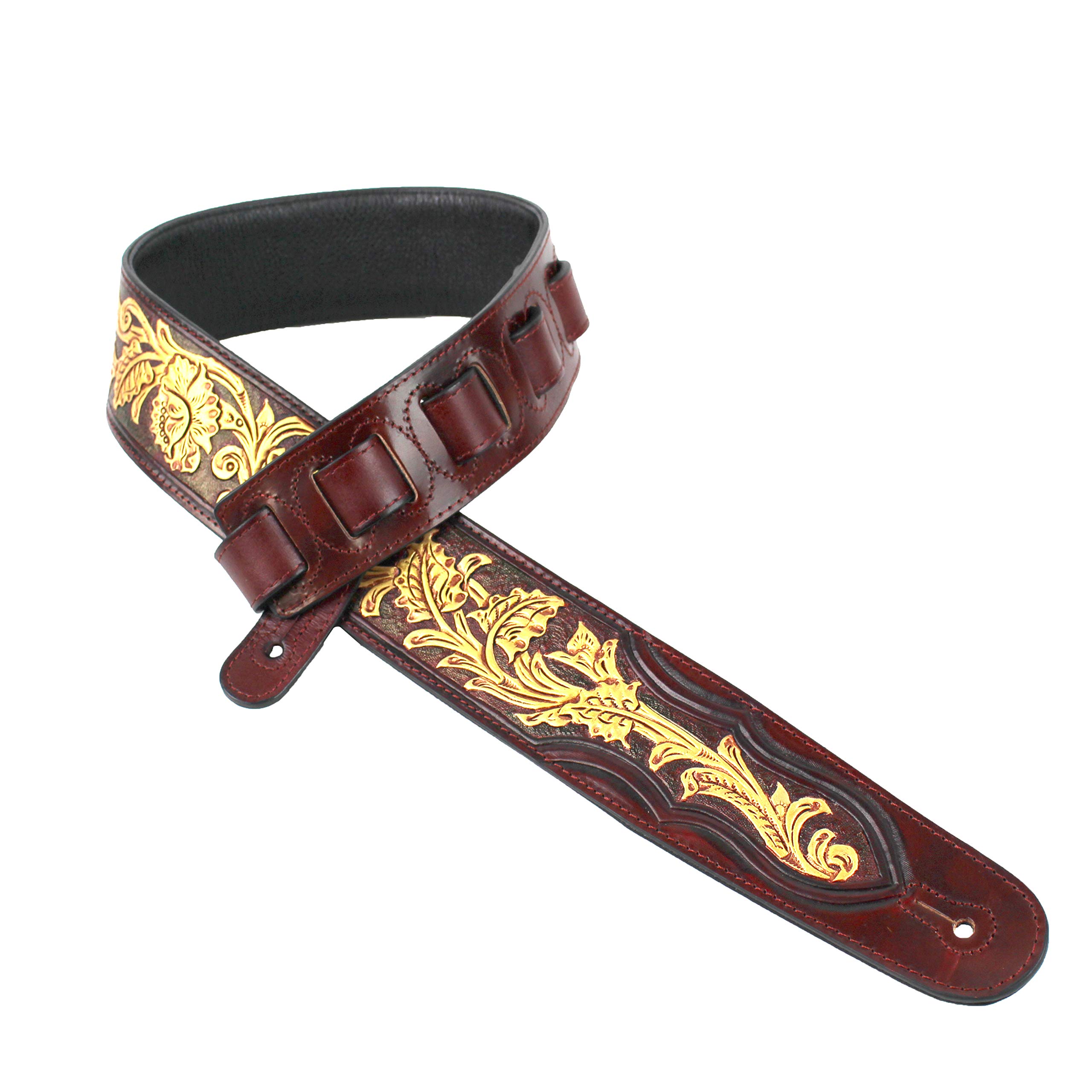 Walker And Williams LHR-37 Handmade Blood Red Premium Carving Leather Guitar Strap With Bright Gold Western Sheridan Carving Pattern And Padded Leather Back For Acoustic, Electric, And Bass Guitars