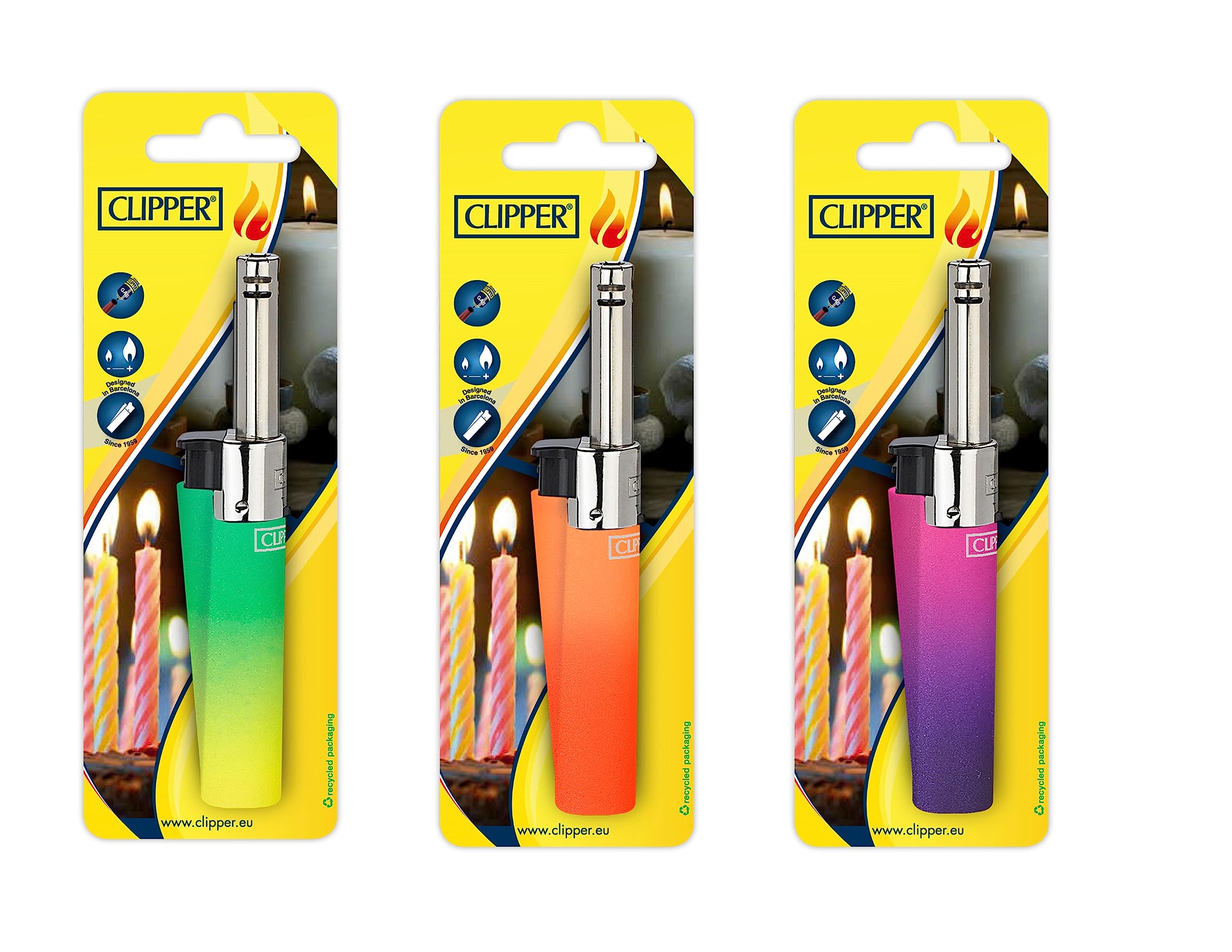 Clipper - Mini Tube Reusable Lighter - Refillable Candle Lighters with Extended Wand and Adjustable Flame - Great Lighters for Candle, BBQ, Firepits, and Use in The Outdoors - 3 Pack - Gradient