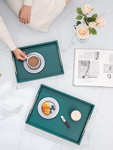Kanwone Decorative Tray , 13.6"x9.8" Serving Tray, Rectangle Ottoman Tray with Gold Polished Metal Handles, Coffee Table Trays for Living Room Kitchen and Home Decor, Green