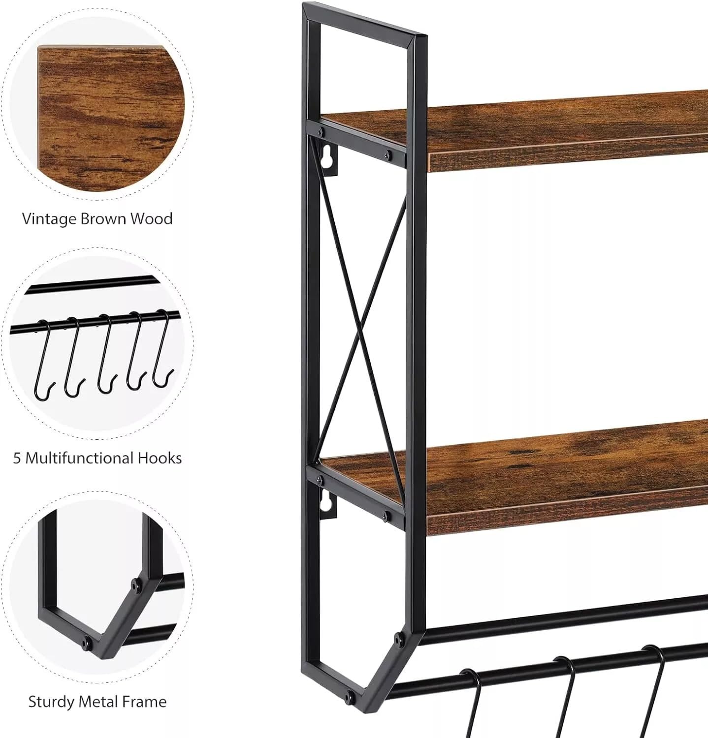 Generic VcJta Rustic Bathroom Towel Rack 2 Tier with Wall Mount Shelf & Hooks - Organizer for Towels & Essentials, Brown, E296382534364