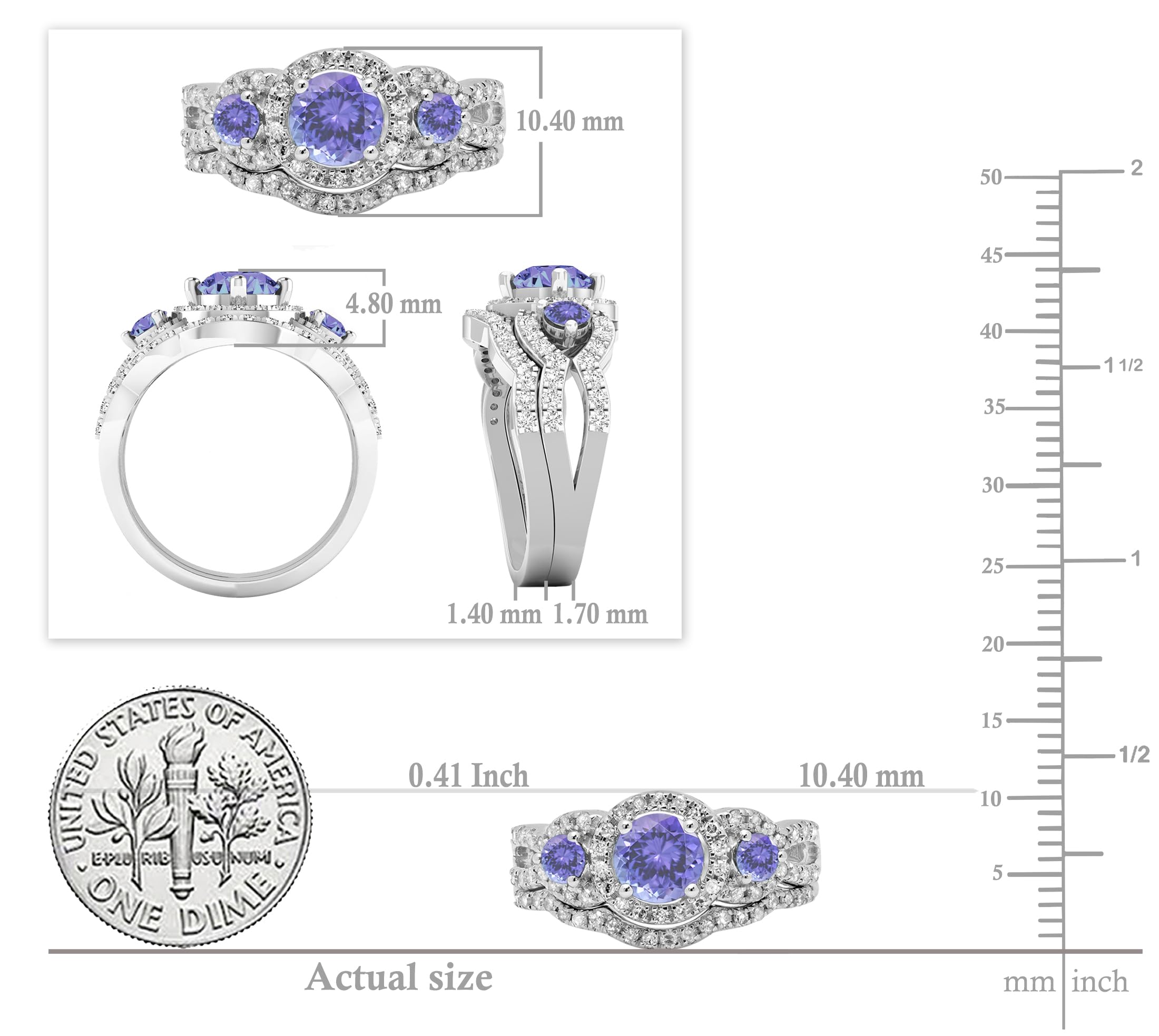 Dazzlingrock Collection Round Tanzanite & White Diamond Ladies 3 Stone Halo Wedding Ring Set 14K White Gold, Size 6