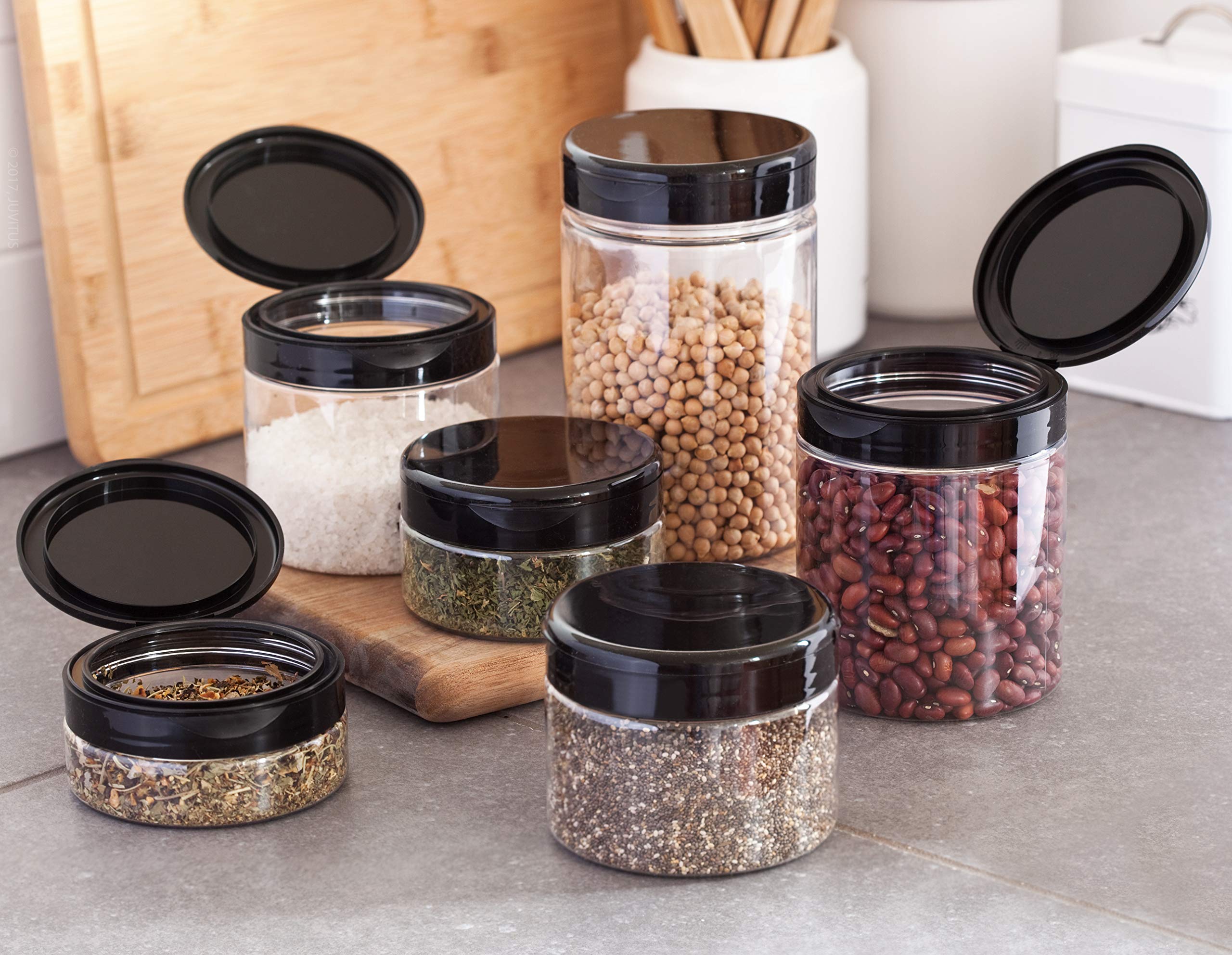 JUVITUS Clear Large 16 oz PET Plastic (BPA Free) Refillable Jar with Black Flip Top Cap - (6 pack)