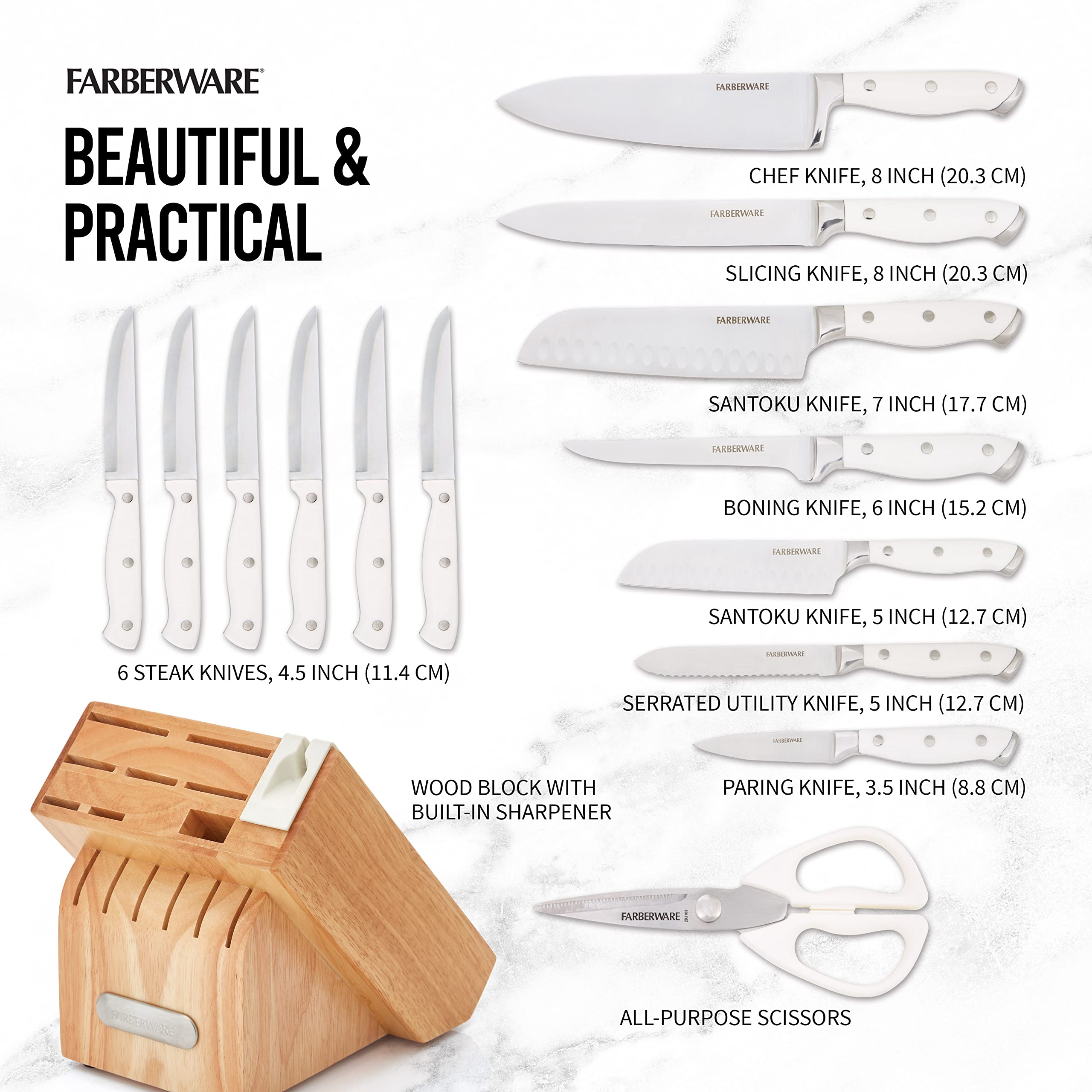 Farberware Edgekeeper Professional 15-piece Forged Triple Riveted Knife Block Set with Built-in Edgekeeper, White