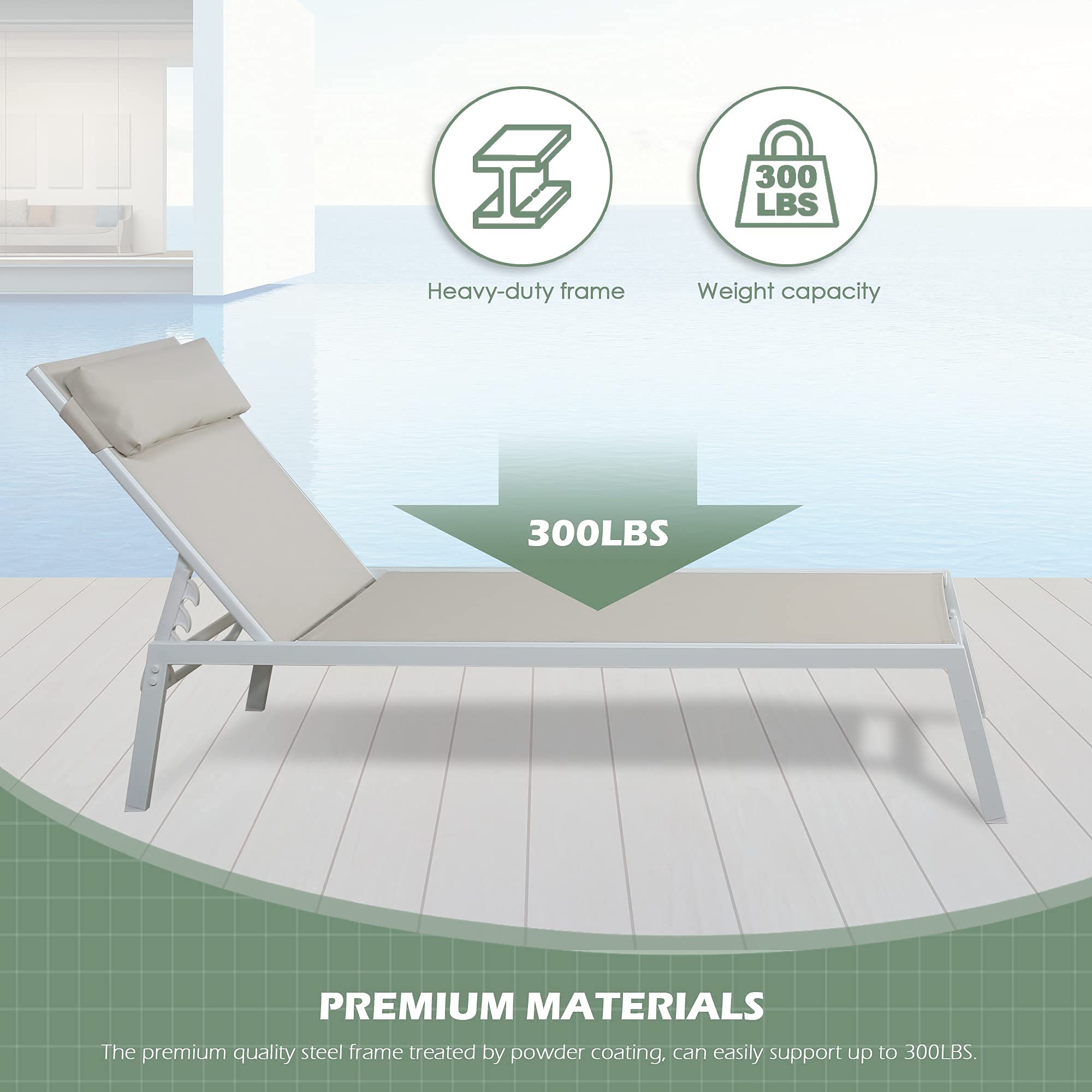 PATIO TREE 2 PCS Patio Full Flat Chaise Lounges Outdoor Steel Recliner Lounge Chairs with Four-Position Adjustable Backrest, Beige