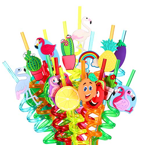 FZR Legend 24 Flamingo Fruit Cactus Reusable Plastic Straws,Hawaiian Beach Cocktail Luau Party Decorations Supplies Favors (24 SET)