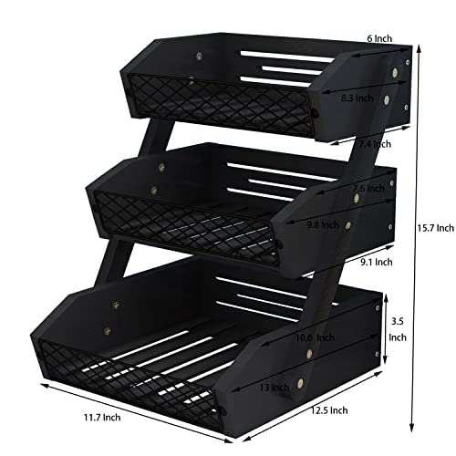 Dorhors 3 Tier Fruit Basket for Kitchen,Fruit Bowl for Kitchen Counter,Wood Fruit Holder for Kitchen Countertop,Black