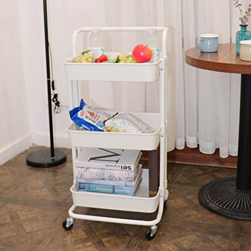 Piowio 3 Tier Utility Rolling Cart Multifunction Organizer Shelf Storage Cart with 3 Pieces Cups and 8 Pieces Hooks for Home Kitchen Bathroom Laundry Room Office Store etc. (White)