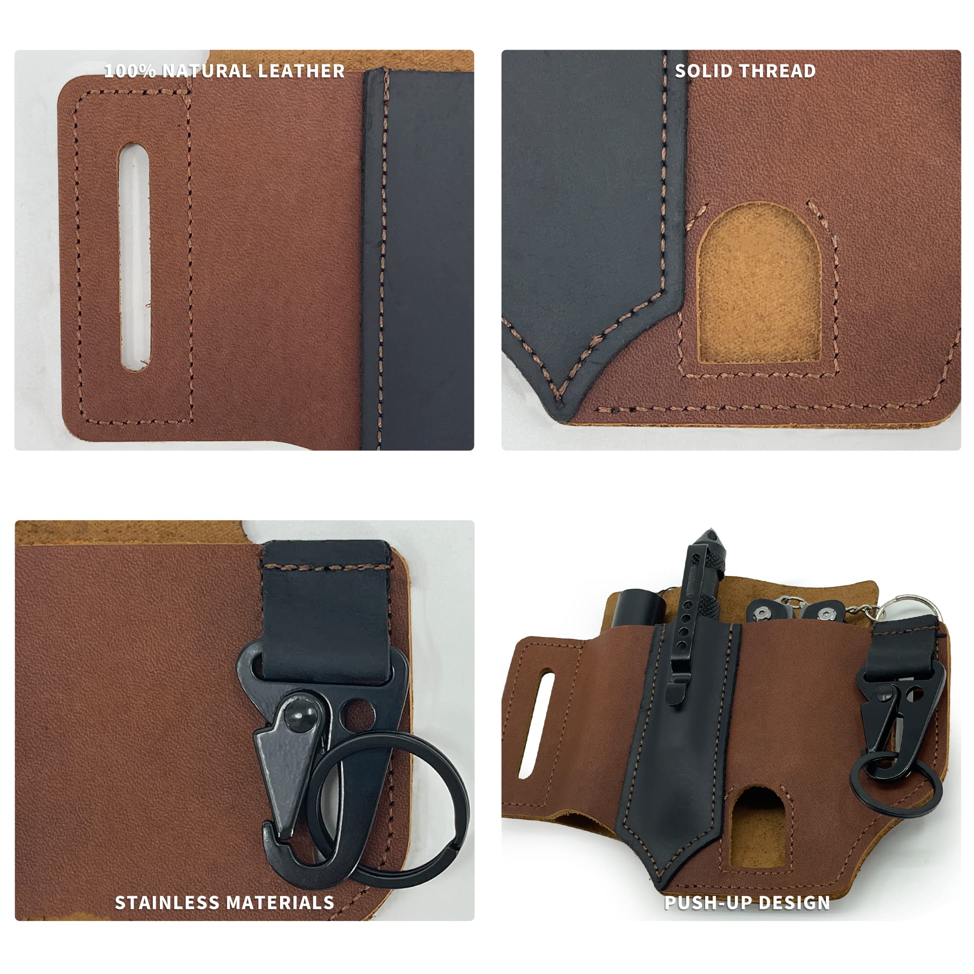 KANGDE Genuine Leather EDC Belt Loop Waist Multitool Sheath, EDC Pocket Organizer Pouch, Handmade 3 Pockets Organizer Sheath for FlashlightsTactical pensTools, Brown