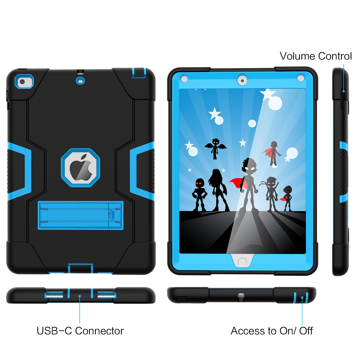 OKP Case for iPad 6th Generation/iPad 5th Generation/iPad 9.7 inch/iPad Air 2, Shockproof Case for iPad 9.7 inch 2018/2017 with Kickstand, Black+Blue