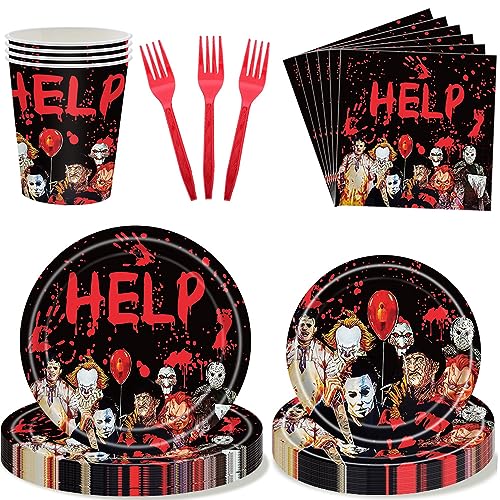 Horror Movie Characters Party Supplies, 120pcs Ghost Horror Halloween Themed Party Tableware Plates Napkins Cups Forks Decorations Serves 24 Guests for Halloween Birthday Party