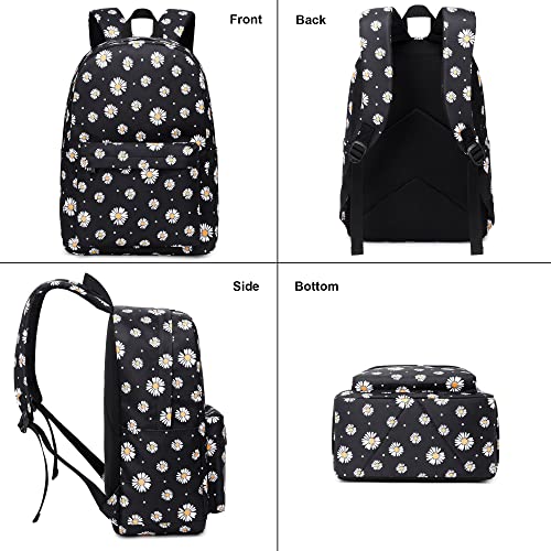 Kouxunt Daisy Girls School Backpacks for Kids Teens, 3-in-1 School Bag Bookbags Set with Lunch Bag Pencil Case (Black)