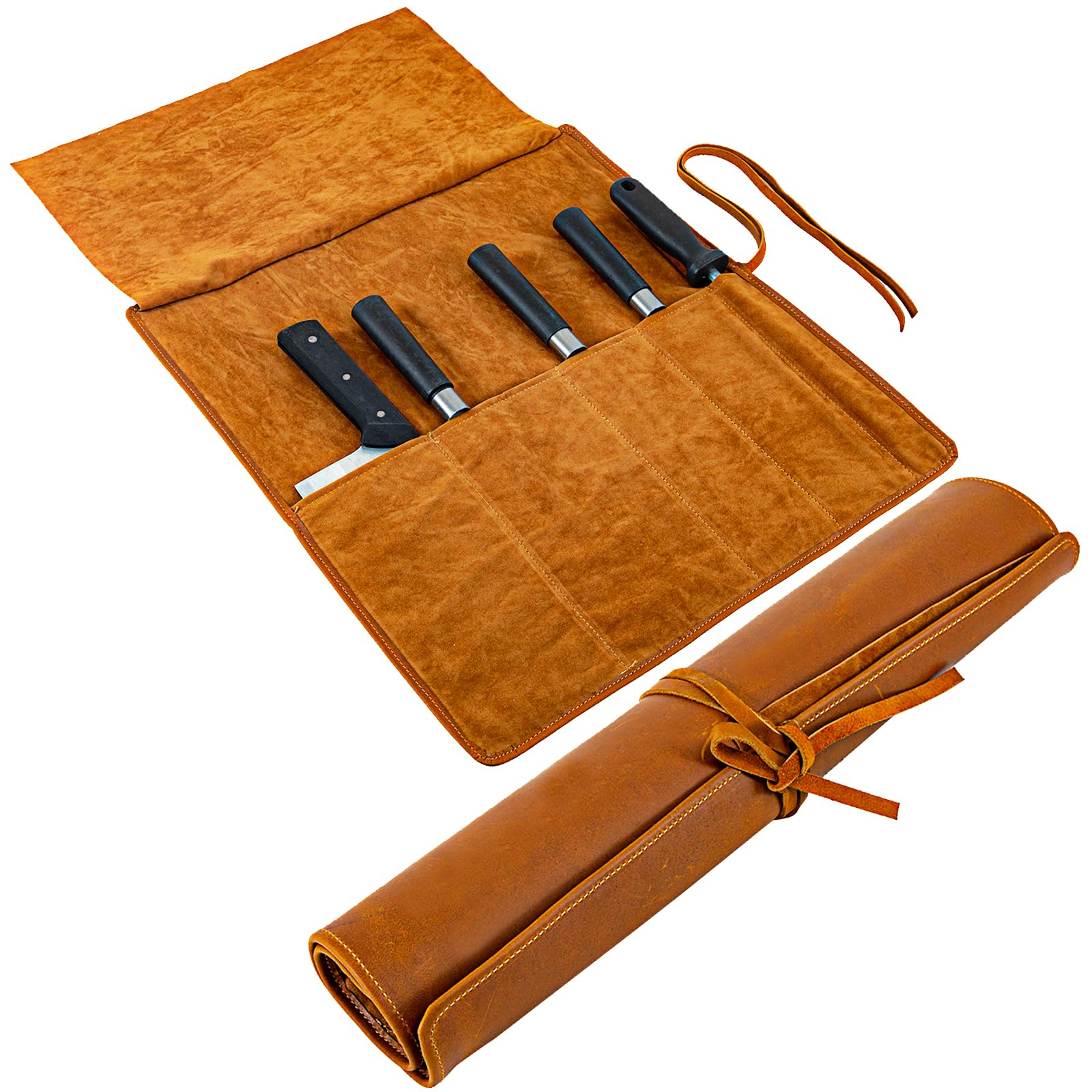 Genuine Leather Knife Roll, Knife Bags for Chefs Professional, Small Chef'S Knife Case Holder,Knives Holders Protectors with 5 Slots,Portable Chef Knife Bag Chef Knife Roll Case Storage Pouch