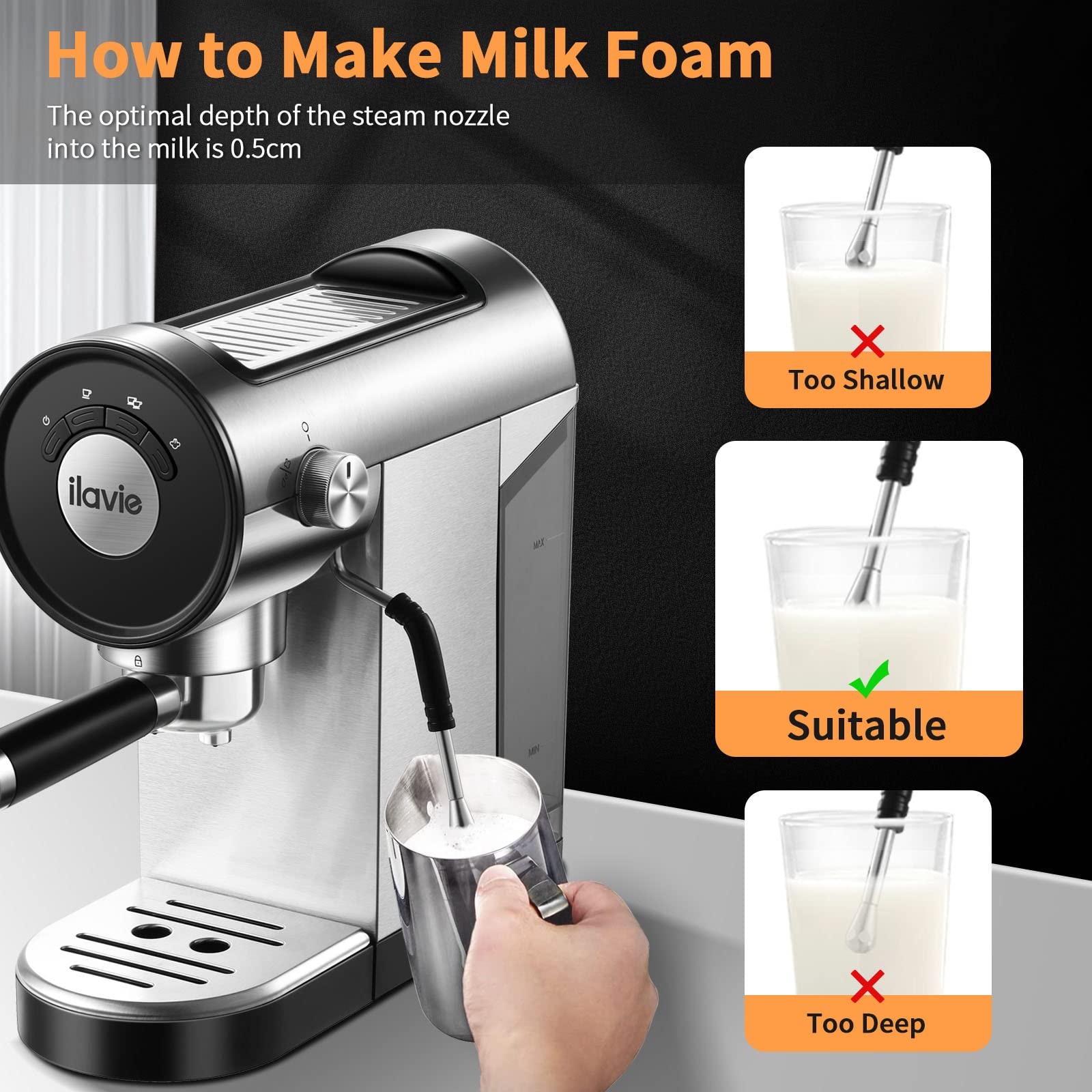 ILAVIE Espresso Machine with Steamer, 20Bar Espresso Coffee Machine with 30 oz Removable Tank for Cappuccino, latte, Compact Espresso Maker for Home Office, 1250W