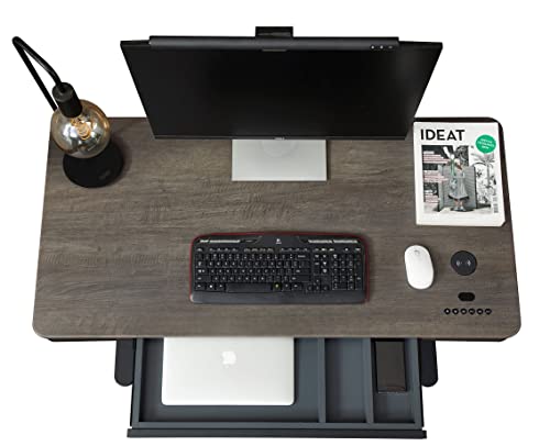 kowo Electric Standing Desk with Drawers Integrated Wireless Charger, 48" Adjustable Height Whole Piece Desktop Home Office Computer Desk, Grey Oak/Black