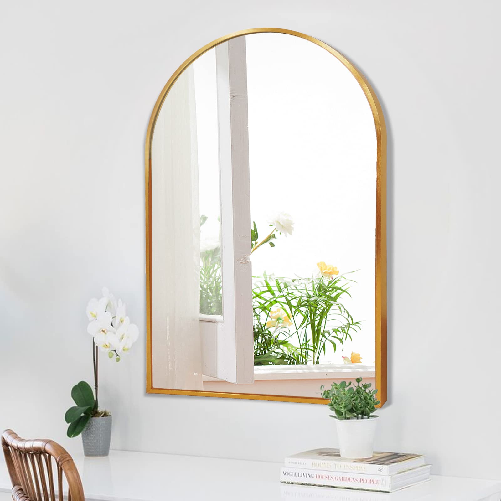 Gold Arch Mirror 20 x 30 Inch, Bathroom Arched Mirror in Aluminum Alloy Frame, Brushed Gold Arched Wall Mirror for Entryway, Bedroom, Mantel, Hallway, Salon (Gold, 20" x 30")