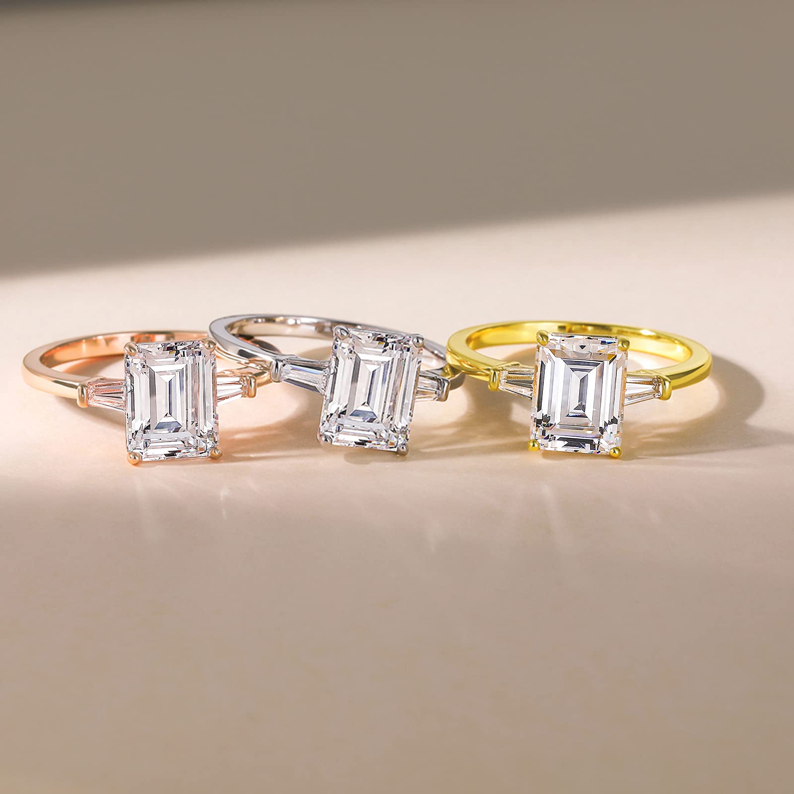 EAMTI 3CT 925 Sterling Silver Engagement Rings 3-Stone Emerald Cut Cubic Zirconia CZ Wedding Promise Rings for Her Wedding Bands for Women Size 6