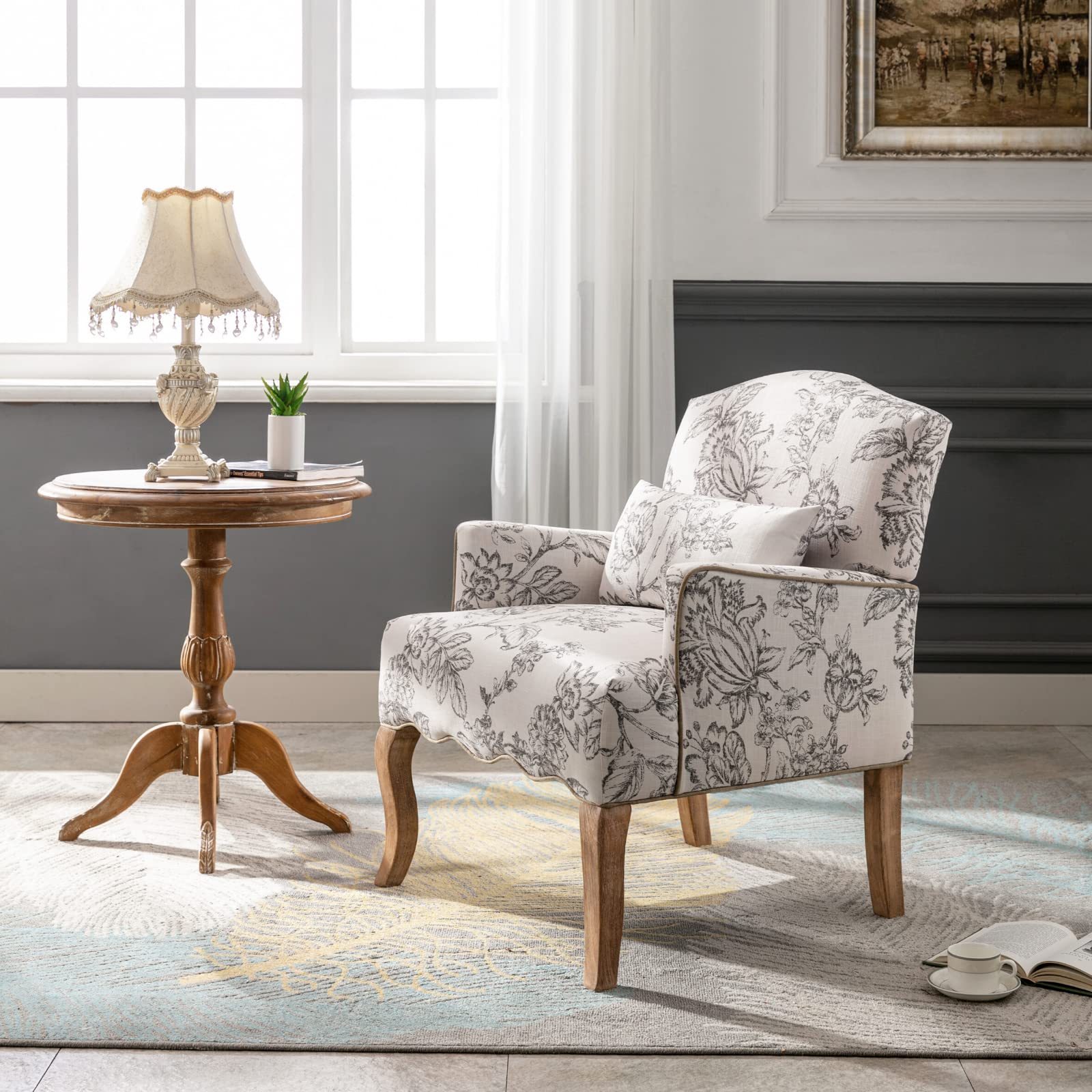 CIMOO Mid Century Modern Accent Chair Set of 2 Floral Reading Chair with Removable Pillow Wingback Arm Chair Upholstered Comfy Single Sofa for Living Room/Bedroom/Fireplace, Beige 2PCS