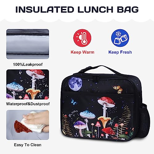 Lopevctor Mushroom Backpack Set for Girls Women, Mushroom Backpack with Lunch Bag and Keychain, Mushroom Gifts Daypack Bookbag for School
