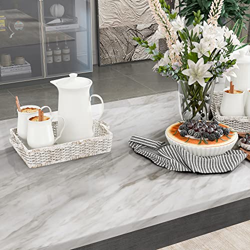 RUNWON Luxury 7-Piece Set-Faux Marble Top Table with 2 Drawers and 6 Comfortable PU Leather Chairs-Elevate Your Home Dining Experience, Black
