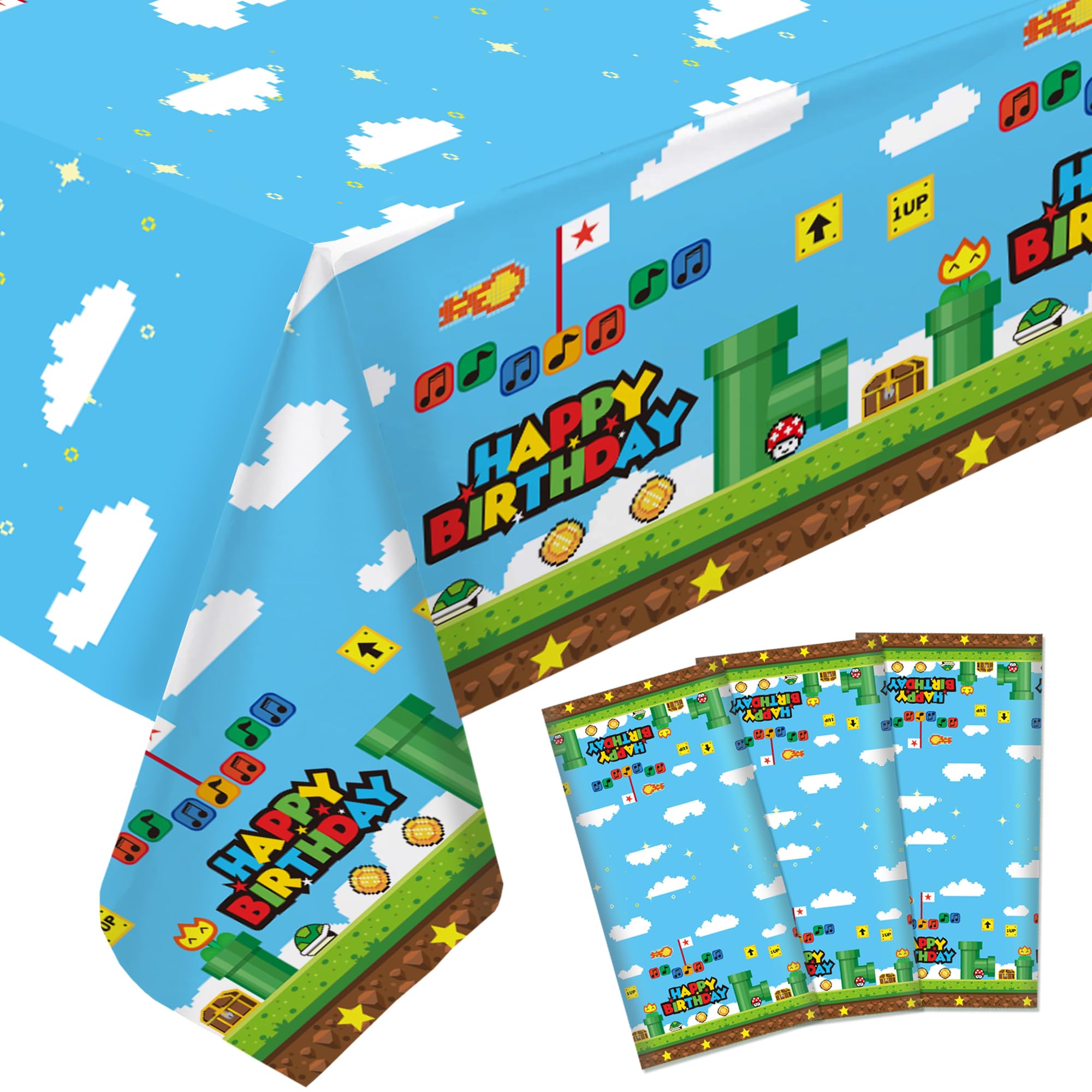 Generic 3 PCS Super Brothers Party Tablecloth, Plastic Disposable Video Games Table Cover for Games Birthday Party Decorations Supplies, 86.6 x 51.2in, Blue