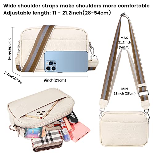 Efilra Crossbody Bag for Women, Small Leather Camera Purse Thick Strap Cross-body Bags, Triple Zip Shoulder Handbag with Guitar Strap, Beige