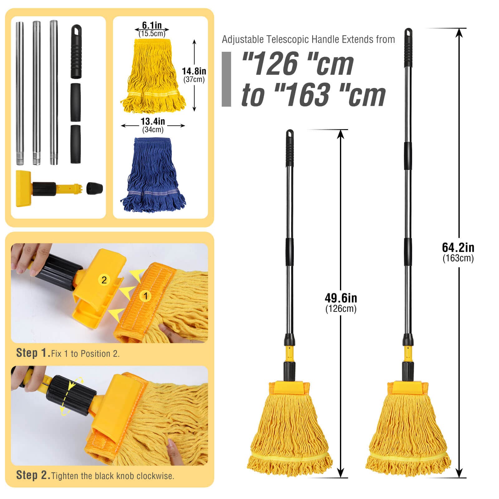 Gadhra Commercial Mop, Looped-End String Industrial Mop, Heavy Duty Mops with 2 String Mop Heads for Floor Cleaning, Blue/Yellow
