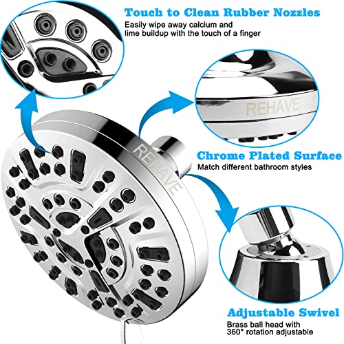Shower Head, REHAVE Rainfall ShowerHead, 5.1 Inches High-Pressure with 63 Jets 8 Spray Modes - Replacement for Bathroom Shower Heads - Anti-Clogging Silicone Nozzles, Brass Angle-adjustable Ball Joint
