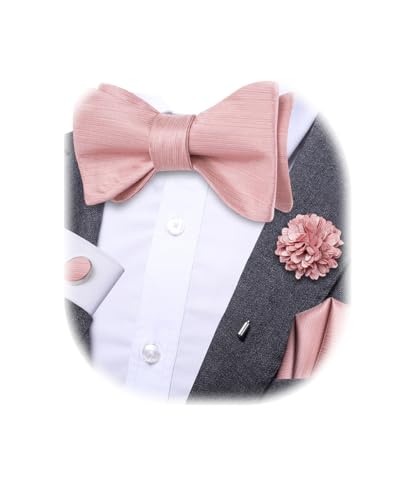 Dubulle Self Tie Bow Ties and Lapel Pin for Men Paisley Solid Mens Bowtie and Handkerchief Cufflinks Set Wedding,Blush Rose Gold