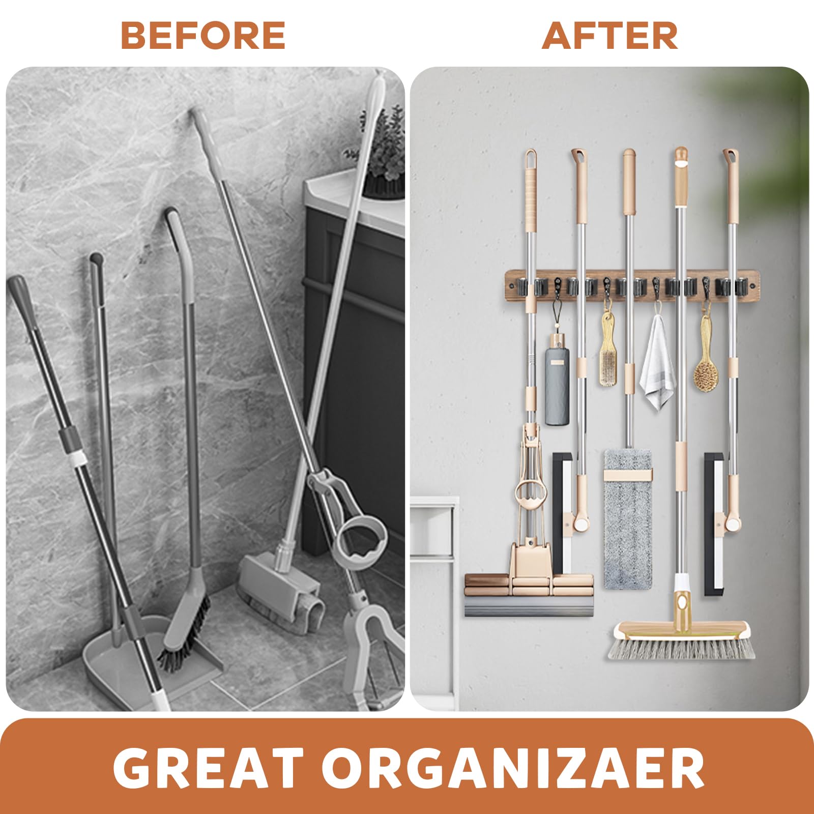 IMILLET Broom Holder Wall Mount, Wood Broom Holder with 5 Racks and 4 Hooks Broom Organizer, Laundry Room Organization and Storage, Mop Holder for Home Organization, Garden, Garage(2 Pack)