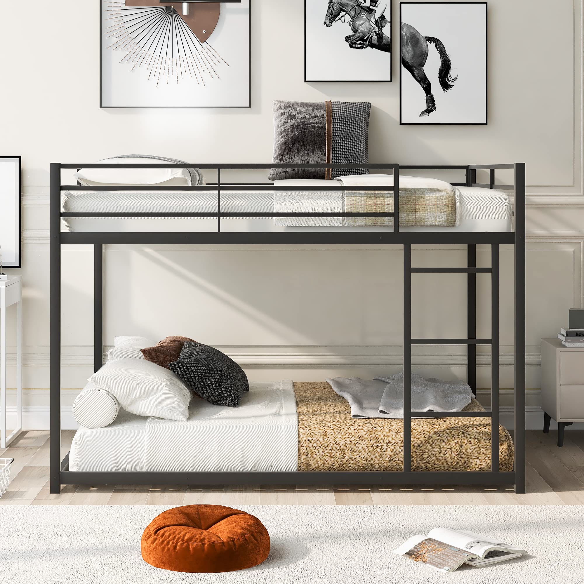 CNANXU Full Over Full Bunk Bed,Heavy Duty Metal Bunk Bed Frame with Ladder & Guardrail for Kids Bedroom,No Box Spring Required,Black