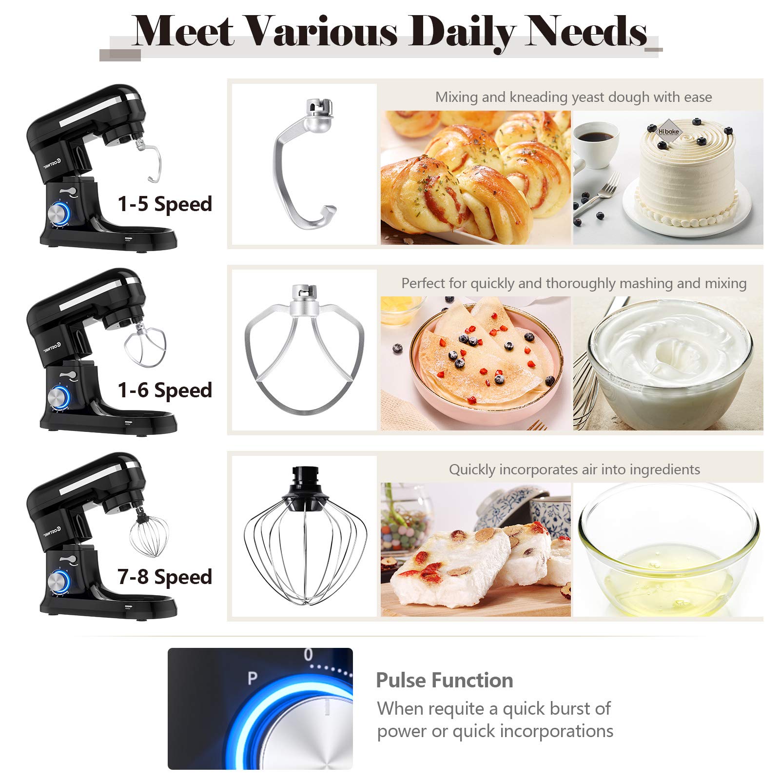 COSTWAY Tilt-Head Stand Mixer, 8-speed Food Mixer with Pulse Function, Multifunctional Kitchen Electric Mixer with Dough Hook, Whisk, Beater, Stainless Steel Bowl & Splash Guard (Black)