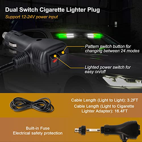 Lattofigy 2 in 1 Dash Emergency Strobe Lights 2x14 inch 24LED Safety Hazard Warning lights Interior Front/Rear Windshield Deck Split Light Bar for Car Truck Vehicles (Green/White)