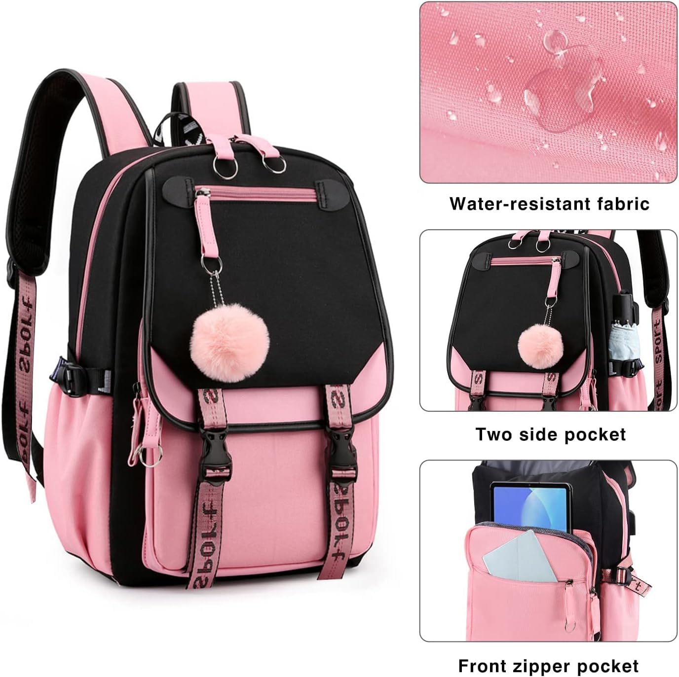 Digi4U Girls Backpack Middle School Students Bookbag,School Backpack with USB Charge Port for Teens Girls Women 3+ Years(Blackpink)