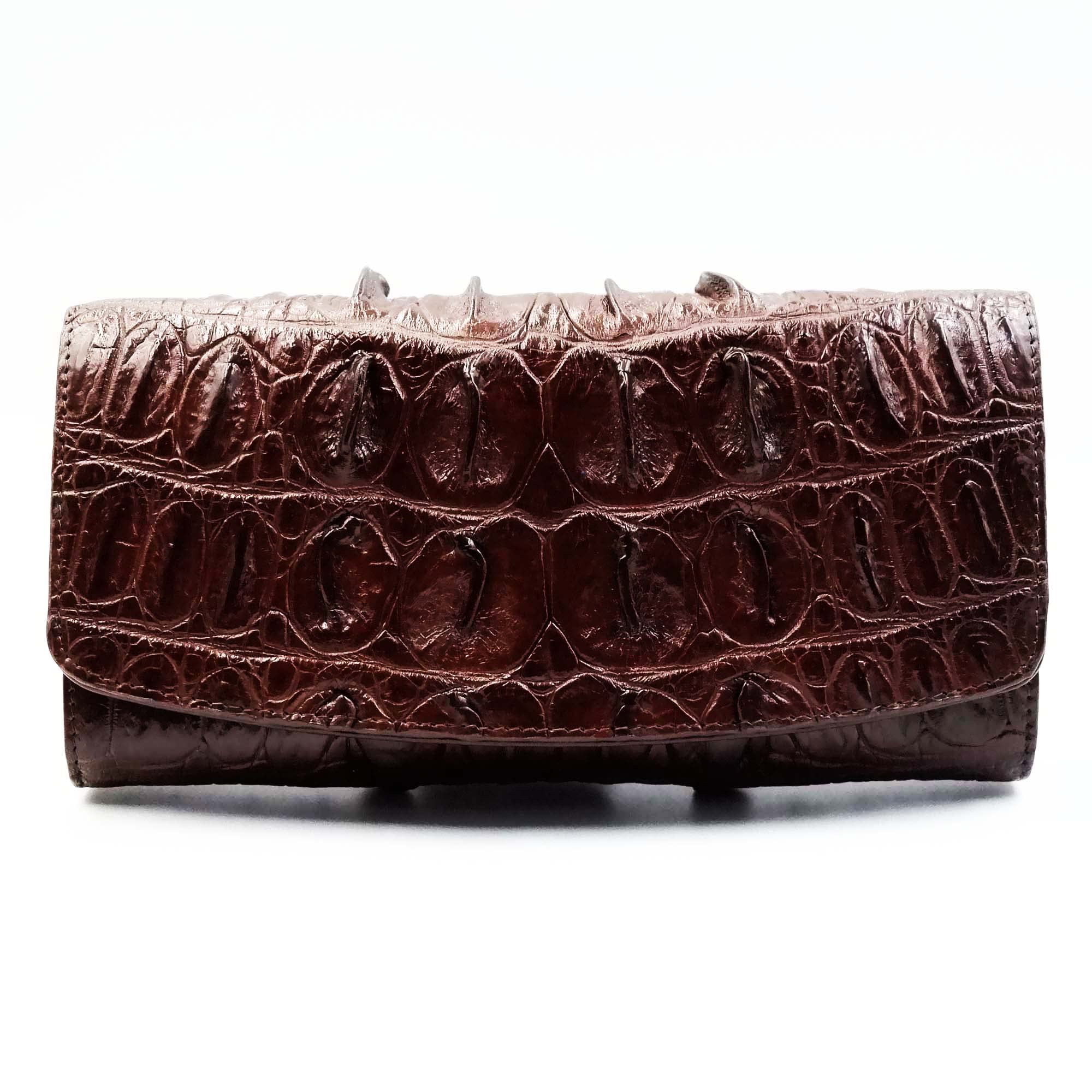 EXSOOTTI New Brown Genuine Crocodile Leather Black Tail Skin Women Tri-Fold Clutch Wallet Purse.
