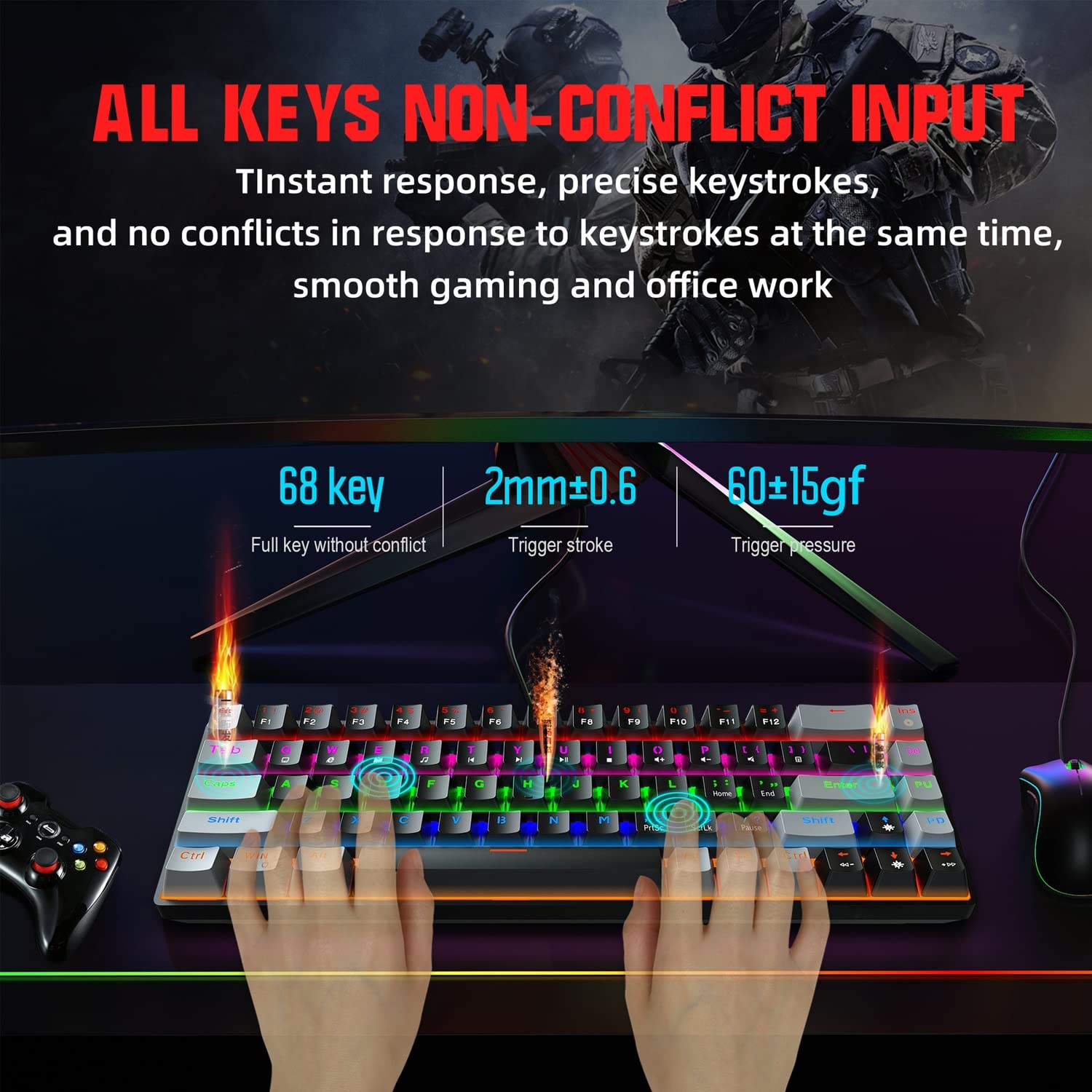 EXHNLE Wired 68 Keys Membrane Keyboard, RGB Backlit Ultra-Compact Layout Keyboard, with 68 Key Computer PC Gaming Keyboard for PC/Laptop (Color : Black)