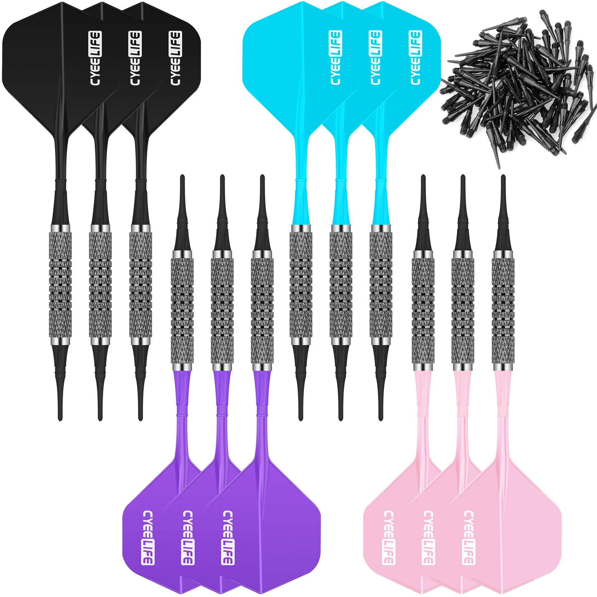 CyeeLife Plastic tip Darts Set 14g,Flights Don't Fall Off&Beautiful-Colorful&Durable Flights&Not Easy to Break&Bend,with Extra Tips&Dart Tool