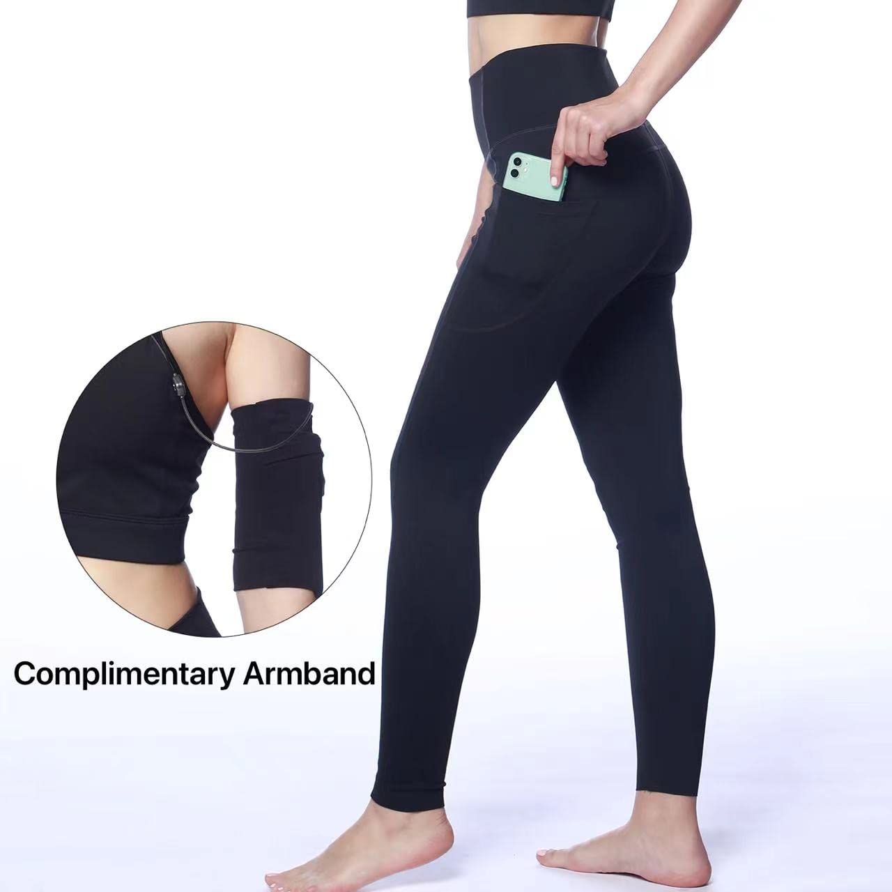 EHKAH Women's Yoga Pants Soft High Waisted Workout 7/8 Length Leggings with Pockets (Complimentary Armband) Black