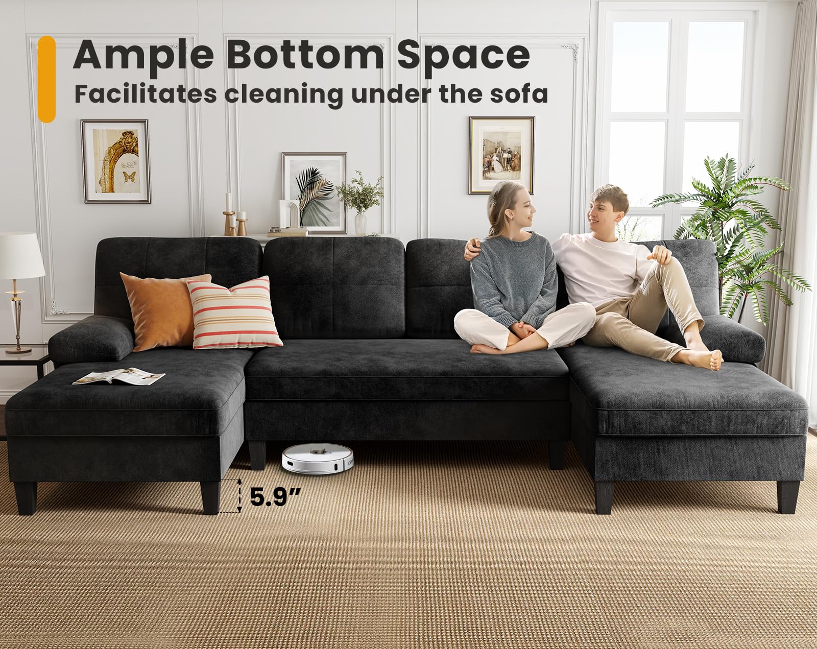 KKL Convertible Sectional Sofa Couch, Couch with Double Chaise, 100 Inch U Shaped Modern Modular Sofa, 4 Seat Sofa Set for Living Room, Chenille, Black