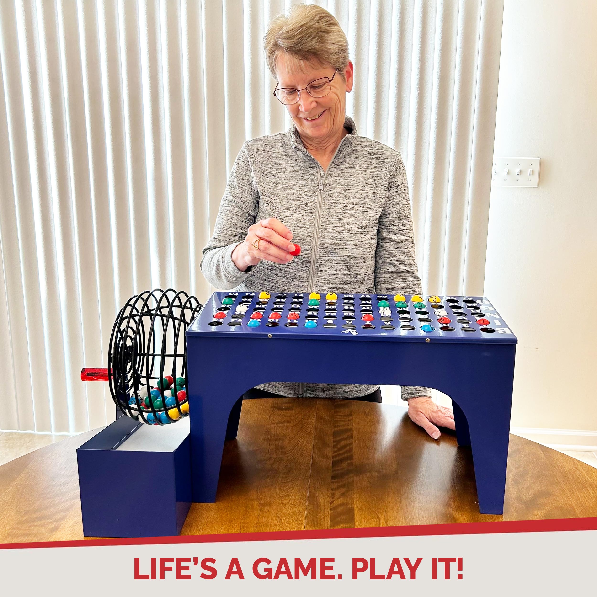 MR CHIPS Bingo Game Deluxe - Bingo Game Set with Cage, 7/8 Inch Bingo Balls and Bingo Master Board | All-in-One Table Top Professional Bingo Game Machine