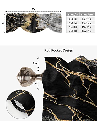 SIGOUYI Kitchen Curtains, Black White Gold Marble Valances for Windows, Short Curtains Rod Pocket Bathroom Curtains Window, Kitchen Window Curtains Over Sink, 42x12in Valances for Kitchen