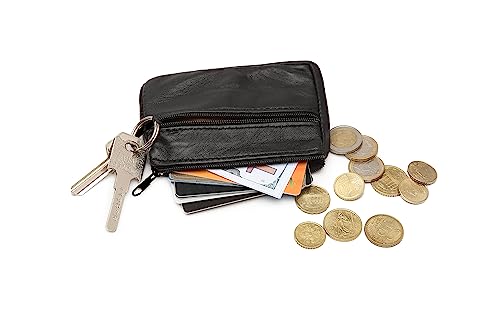 Coin Purse Pouch for Women, Genuine Leather Mini Cash Wallet with Keychain Ring Holder (Black)