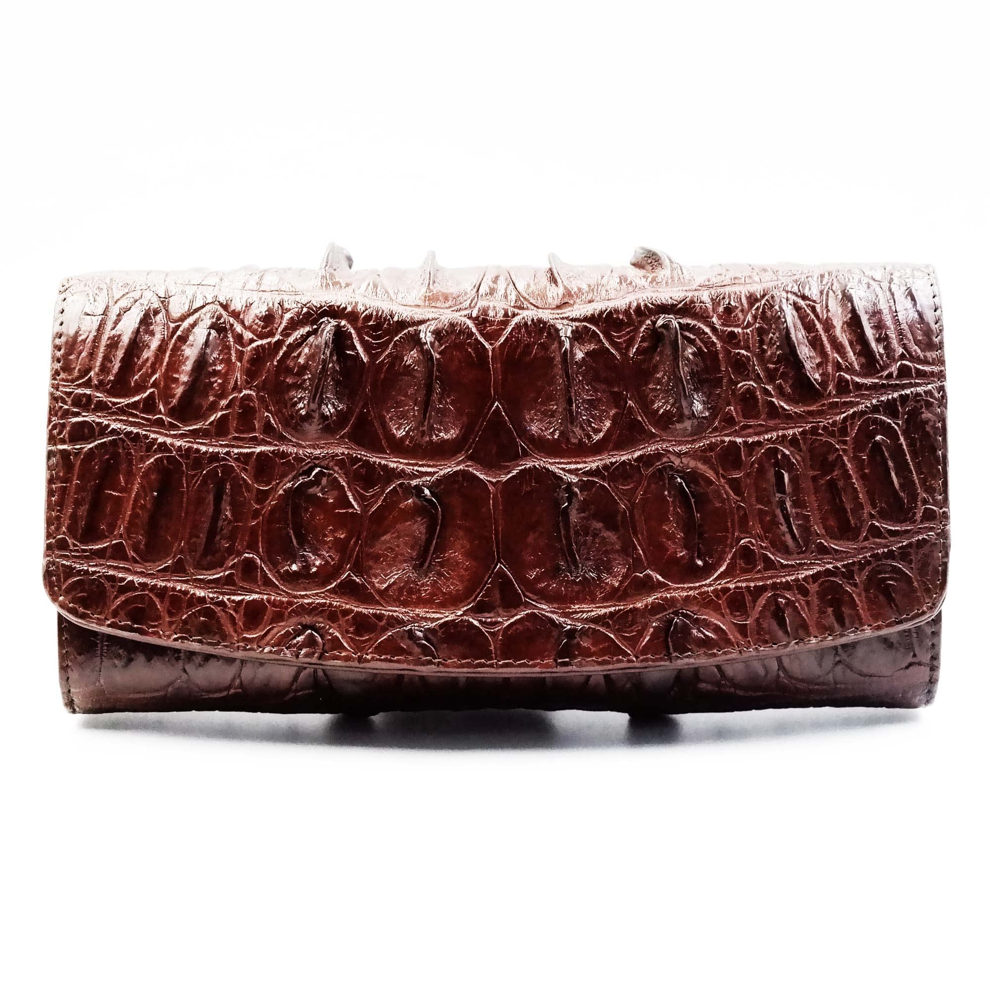 EXSOOTTI New Brown Genuine Crocodile Leather Black Tail Skin Women Tri-Fold Clutch Wallet Purse.