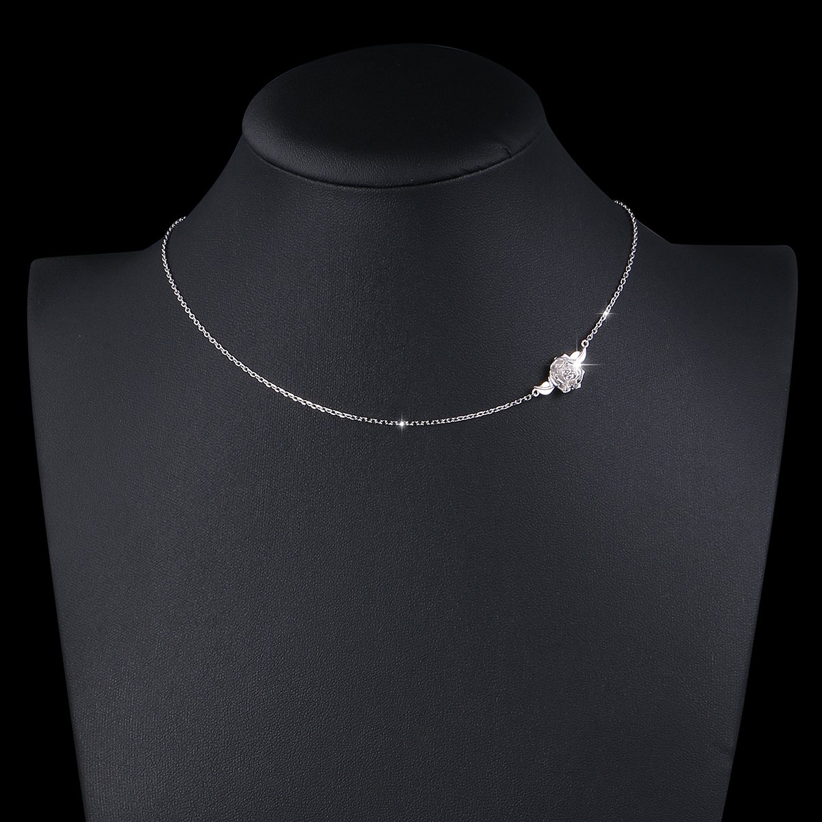 DAOCHONG S925 Sterling Silver Jewelry Sideways Camellia Flower Choker Necklace 14+4"