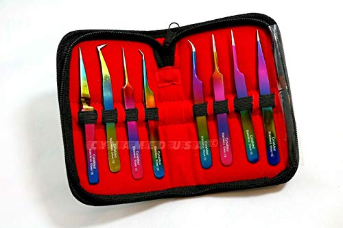 Cynamed-Set of 8 Piece German Stainless Steel Titanium Color Eyelash ExtensionTweezers