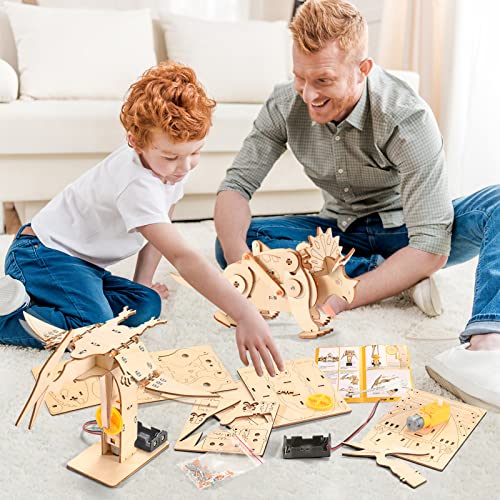 STEM Projects Kits for Kids Age 8-10-12, 4 in 1 3D Wooden Puzzles Dinosaur Craft for 6-8, Building Toys for Boys Ages 8-12, Wood Woodworking Model Kits, DIY Dino Robot Kit