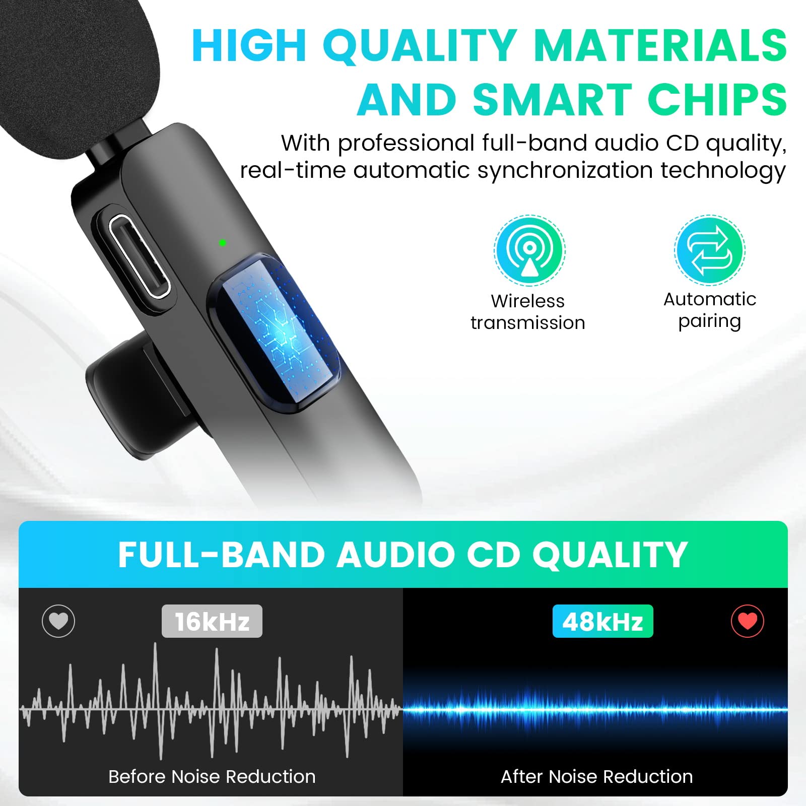 EJCC Wireless Microphone for iPhone iPad, Mini Microphone with Clearer Audio, Plug-Play Wireless Microphones, Wireless Lavalier Microphone, Microphone for Video Recording, TikTok, Interview,YouTube