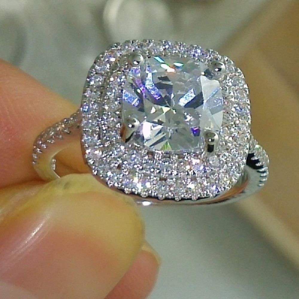 CTDFJRYFF Fashion Ring Cushion Cut 5ct 5A Zircon Stone 925 Silver Engagement Wedding Band Ring for Women(9)