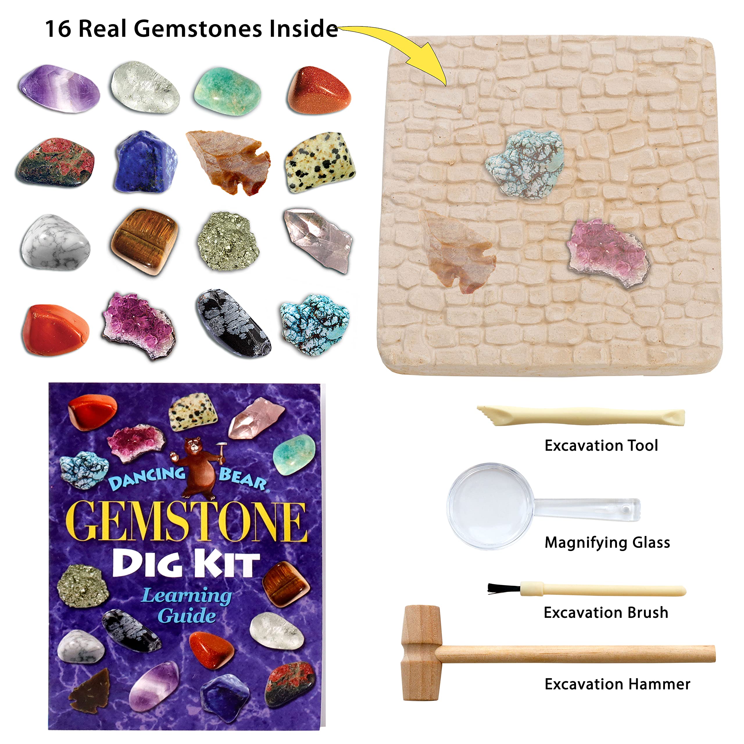 DANCING BEAR Gem Dig Kit - Excavate 16 Gems & Crystals Including Arrowheads, Quartz, Amethyst - STEM Education Gift Set for Kids